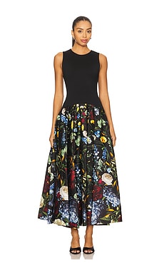 Alice + Olivia Adley Sleeveless Drop Waist Flare Midi Dress in Social Hour Black | REVOLVE