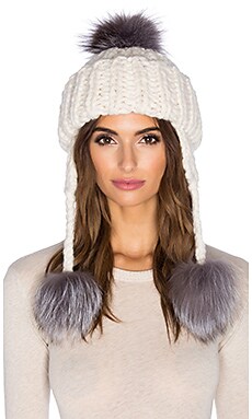 SOH Handknit Natural Silver Fox Fur Pom Pom Trapper Beanie in Bone ...