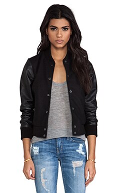 Viparo Acanthia Leather Sleeve Varsity Jacket in Black | REVOLVE
