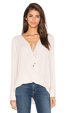 WAYF Long Sleeve Wrap Blouse in Sand | REVOLVE