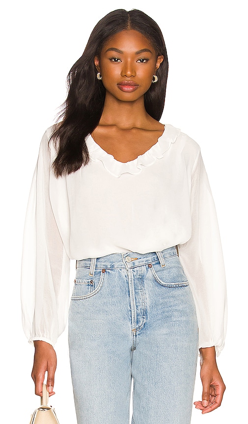 1. STATE Ruffle Neck Blouse in Toasted Ivory | REVOLVE