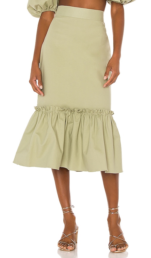 ADRIANA DEGREAS Muguet Solid Ruffle Midi Skirt in Green | REVOLVE