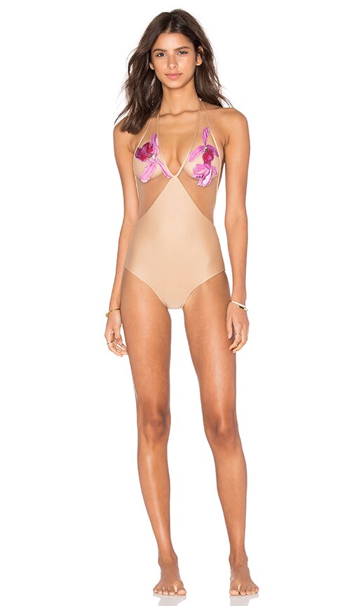 Adriana Degreas Orchid Tulle Halter Swimsuit In Nude Revolve