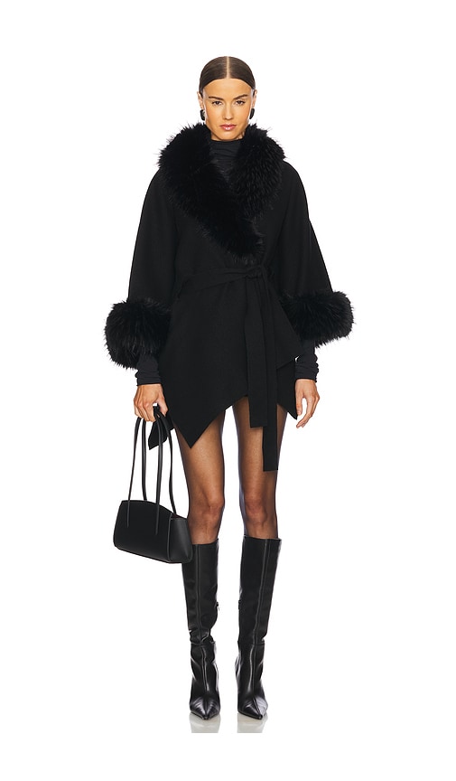 Alice + Olivia Joanne Sweater Coat With Faux Fur Trim in Black | REVOLVE