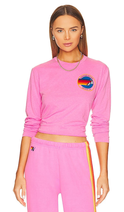 Aviator Nation Long Sleeve Boyfriend Tee in Neon Pink | REVOLVE