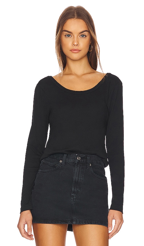 Chaser Long Sleeve Shirred V Back Tee in Jet Black | REVOLVE