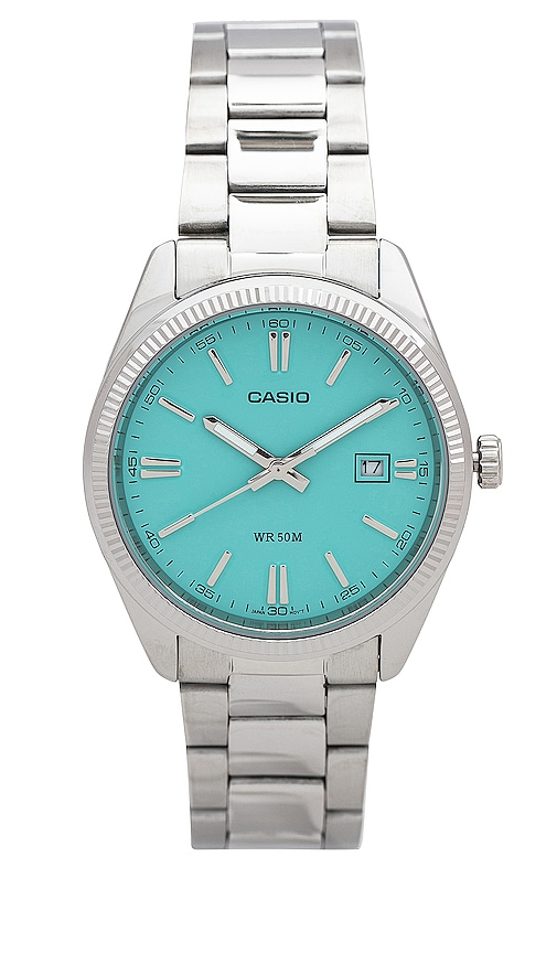 Casio MTP1302 Series Watch in Silver & Turquoise Blue | REVOLVE