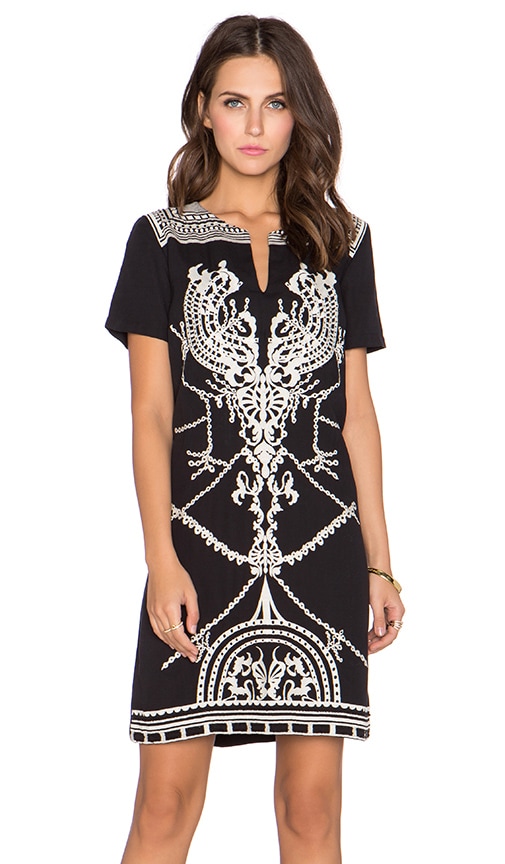Deby Debo Aude Embroidered Shift Dress in Black & Cream | REVOLVE