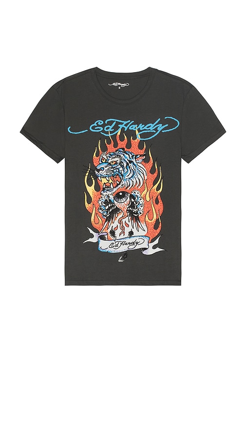 Ed Hardy Rhinestone Fire Tiger Tee in Charcoal | REVOLVE