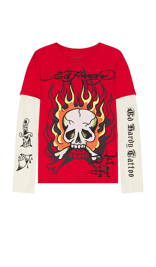 Ed Hardy Flame Skull Hang Down Thermal Tee in Cherry | REVOLVE