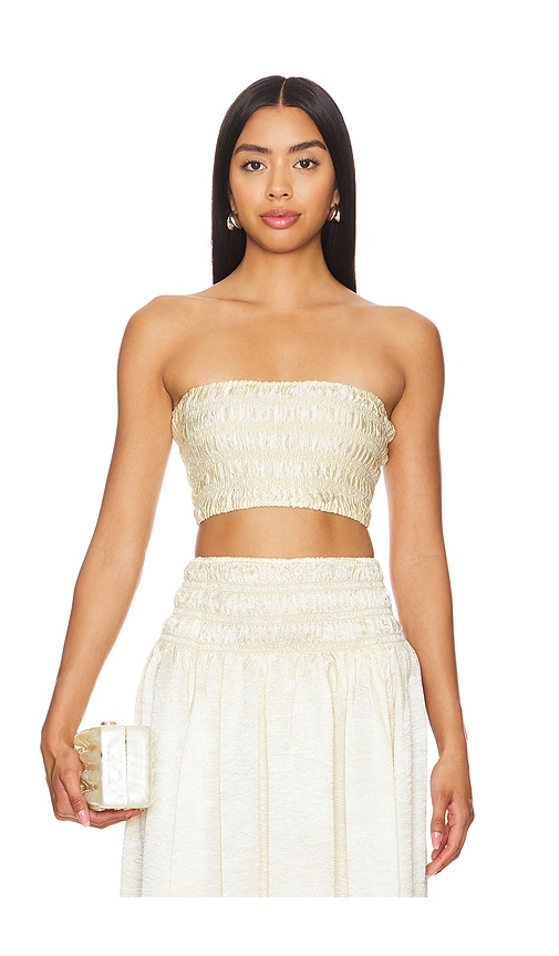 Enza Costa Textured Satin Smocked Top in Antique Cream | REVOLVE