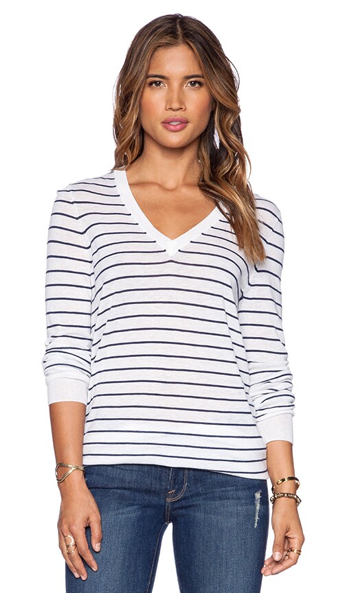 Equipment Serena Easy Stripe V Neck Sweater in Ivory & Peacoat | REVOLVE
