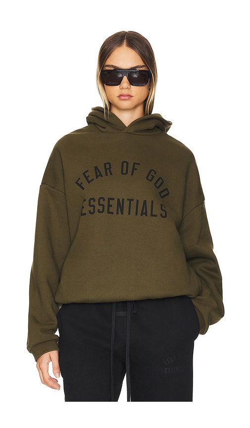 Fear of God ESSENTIALS Fleece Hoodie in Olive | REVOLVE