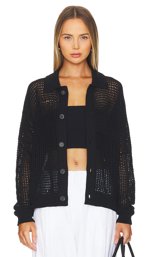 FRAME Tonal Crochet Cardigan in Black | REVOLVE