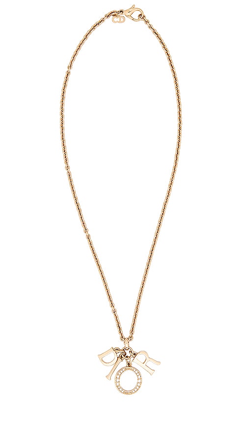 FWRD Renew Dior Rhinestone Logo Necklace in Light Gold | REVOLVE