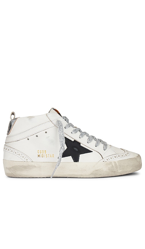 Golden Goose Mid Star Sneaker in White, Black, & Silver | REVOLVE