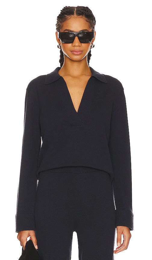 SIMKHAI Long Sleeve Polo Sweater in Midnight | REVOLVE