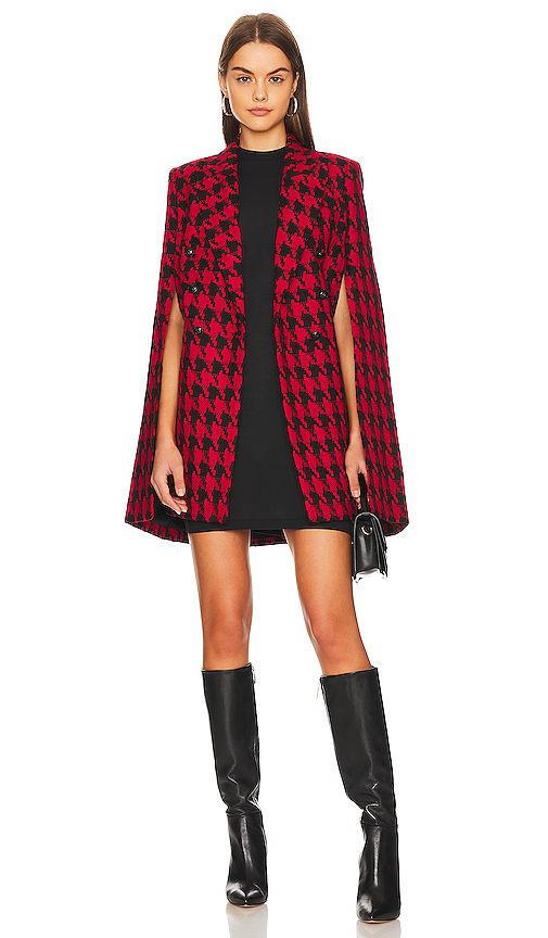 L'AGENCE Delta Blazer Cape in Red Dahlia & Black Houndstooth | REVOLVE