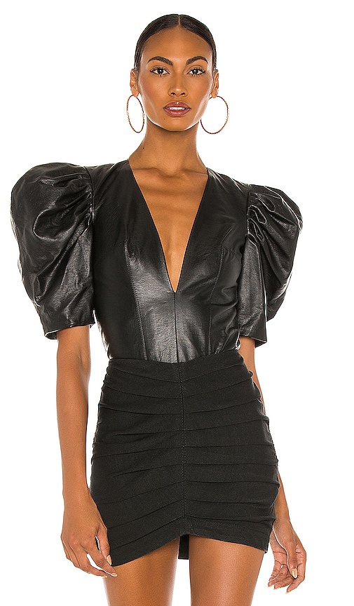 IORANE Vegan Leather Puff Sleeve Bodysuit in Black | REVOLVE