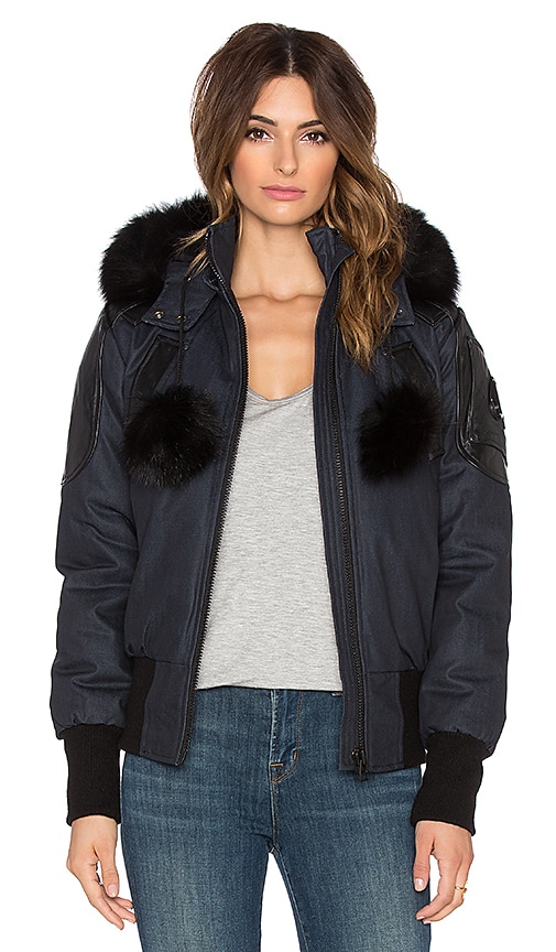Moose Knuckles Ladies Denim & Blue Fox Fur Bomber Jacket in Indigo Dark ...