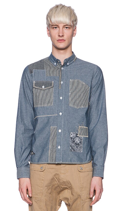 Mostly Heard Rarely Seen Patched Square Denim Button Down in Blue | REVOLVE