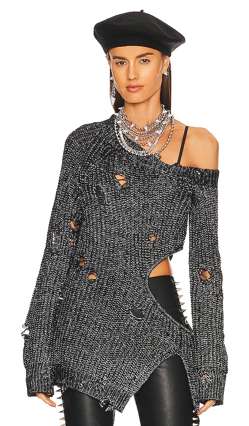 NBD Mundaka Distressed Oversized Sweater in Black Metallic | REVOLVE