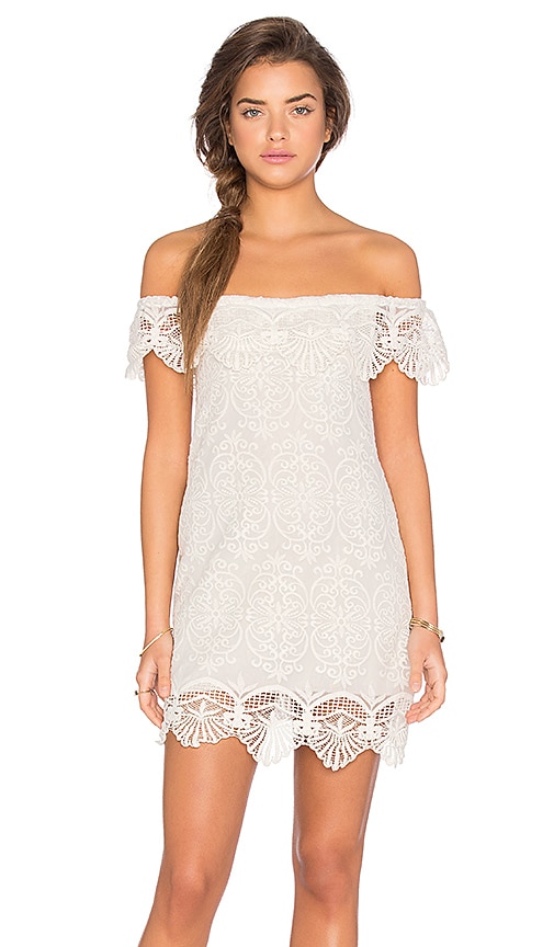 Nightcap Seashell Lace Off Shoulder Dress in Dove | REVOLVE