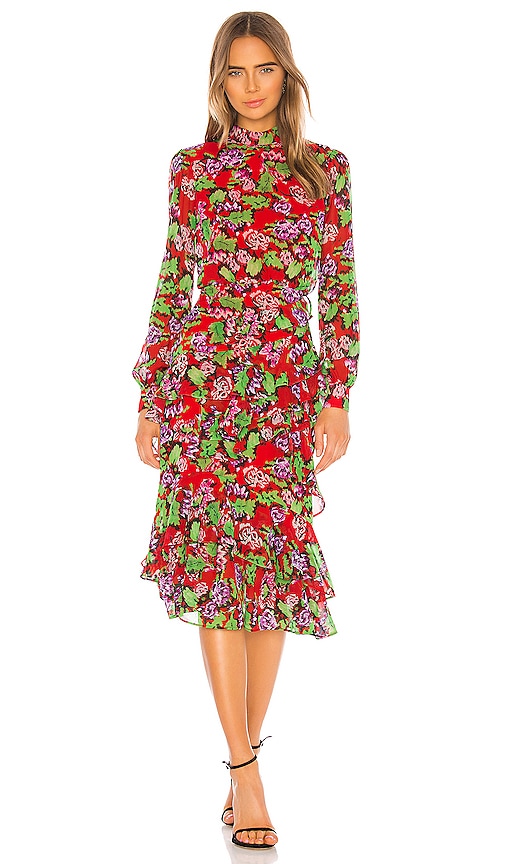 SALONI Isa Ruffle Dress in Cherry Damask | REVOLVE