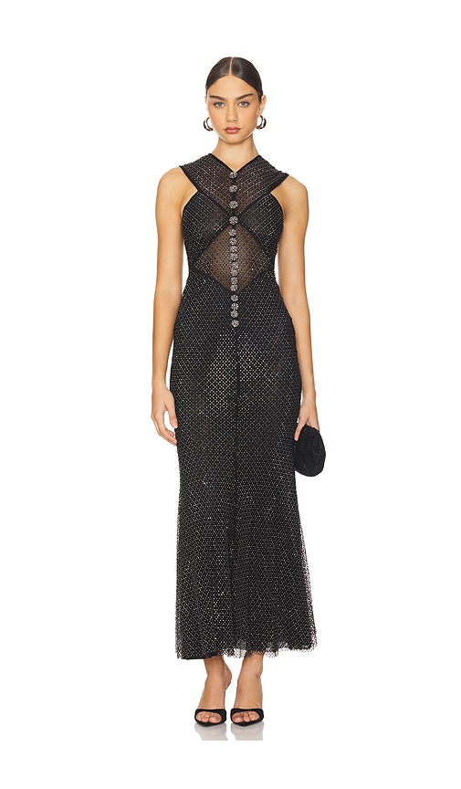 self-portrait Rhinestone Crossover Midi Dress in Black | REVOLVE
