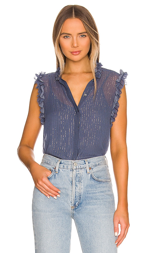 7 For All Mankind Ruffle Shirt in Denim Blue | REVOLVE