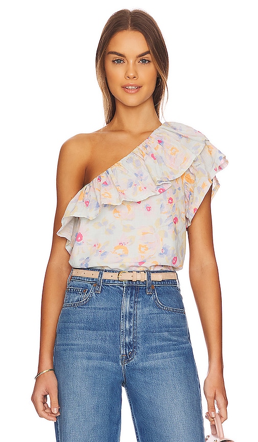 Something Navy One Shoulder Ruffle Top in Blue Combo | REVOLVE