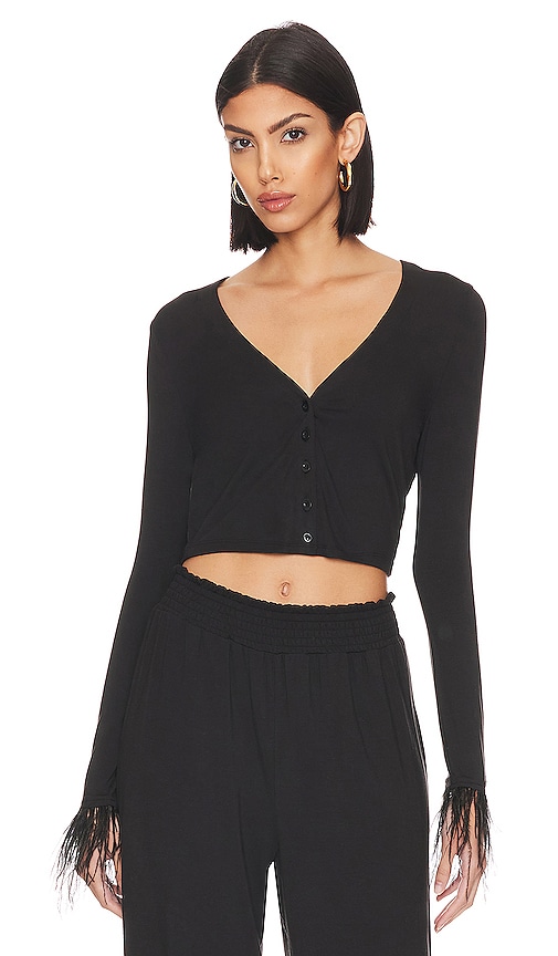 WeWoreWhat Feather Cardigan in Black & Black Feathers | REVOLVE