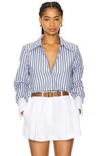 Favorite Daughter The Cuffed Statement Shirt in Dark Slate Stripe | REVOLVE