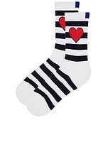 Kule The Women's Heart Rugby Sock in White & Navy | REVOLVE