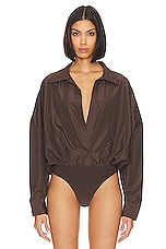 Norma Kamali Oversized Boyfriend Shirt Bodysuit in Chocolate | REVOLVE