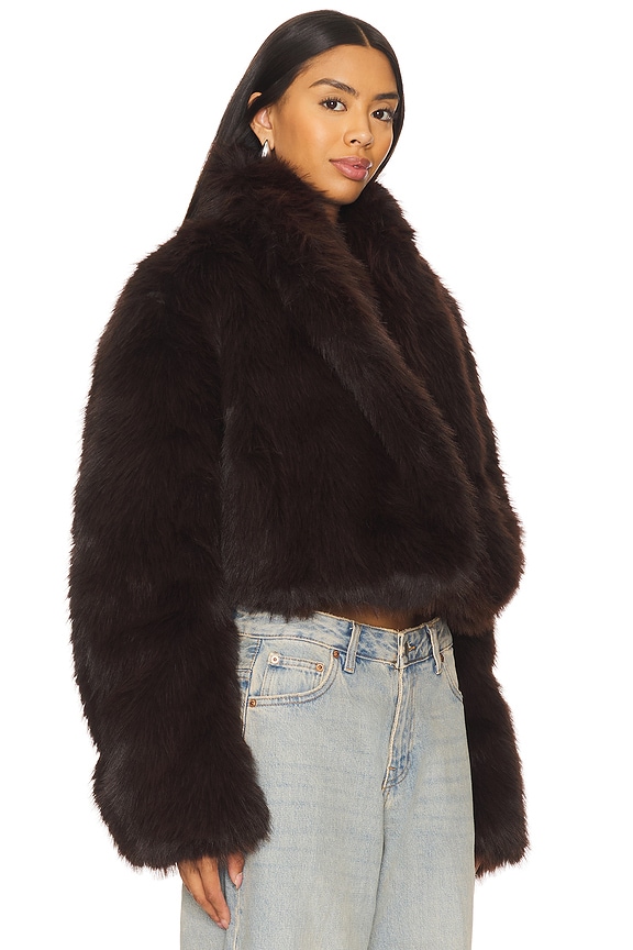 AFRM Stephanie Barrel Crop Faux Fur Jacket in Java | REVOLVE