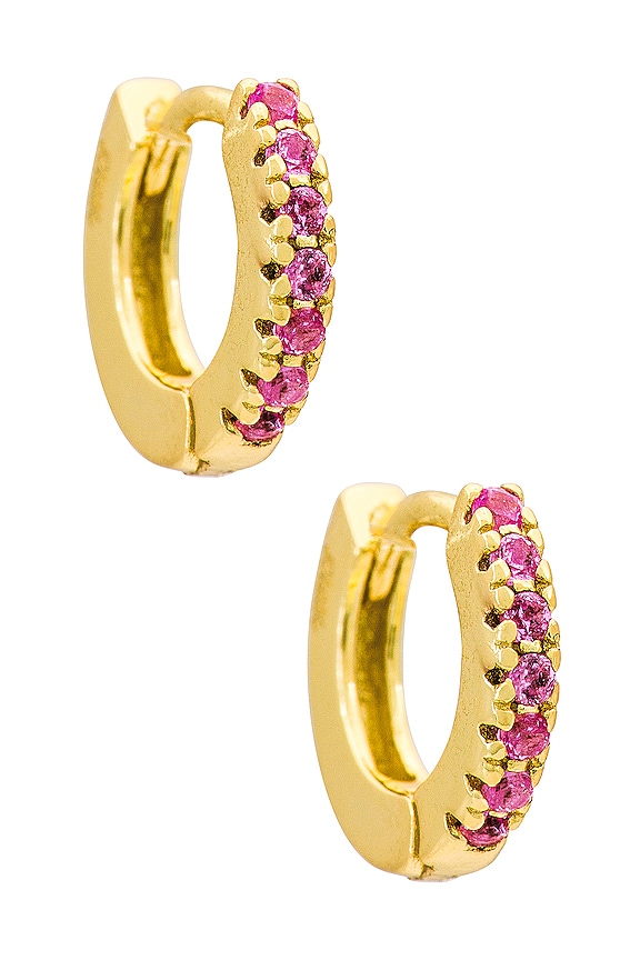 By Adina Eden Pave Colored Mini Huggies in Sapphire Pink | REVOLVE