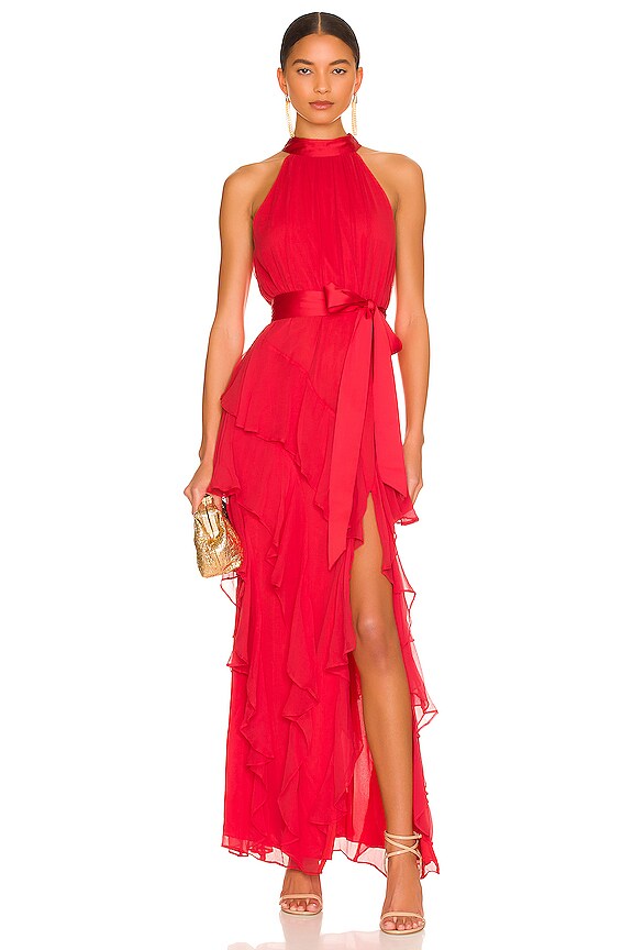 Alice + Olivia Emelia Halter Gown in Bright Poppy | REVOLVE