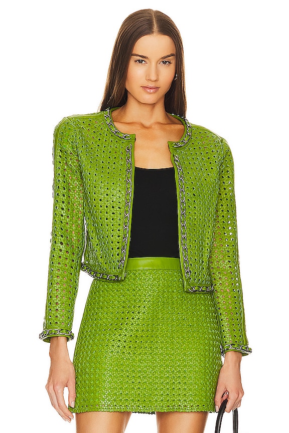 Alice + Olivia Brixton Leather Cropped Box Jacket in Parrot | REVOLVE