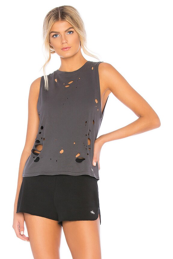 alo Harley Muscle Tank in Anthracite Distressed Holes | REVOLVE