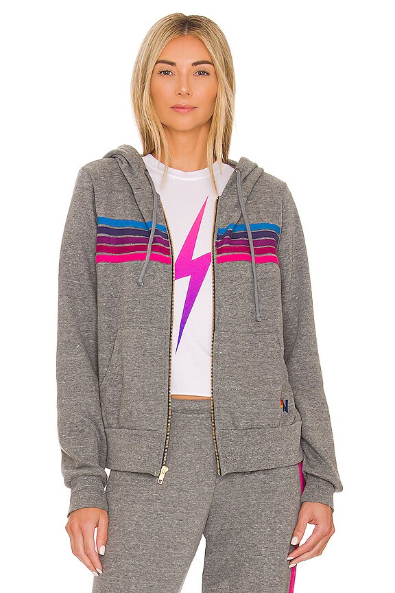 Aviator Nation 5 Stripe Zip Hoodie in Heather Grey & Pink Purple | REVOLVE