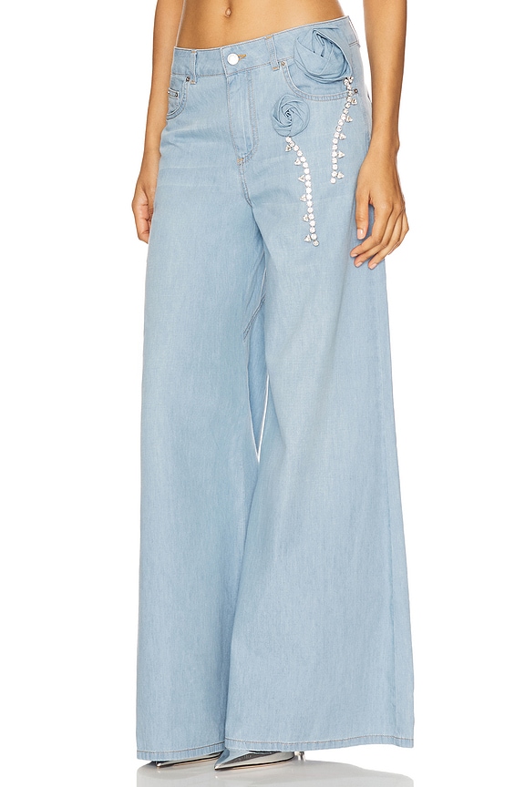 AREA Crystal Rosette Wide Leg Jeans in Super Light Blue | REVOLVE