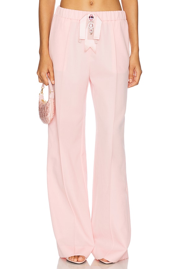 AREA Crystal Bow Wide Leg Trouser in Pastel Pink | REVOLVE