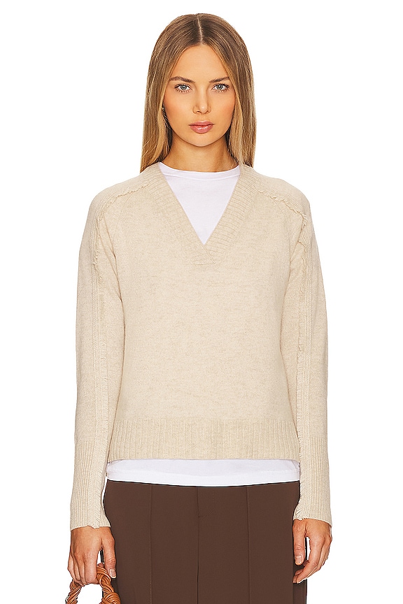 Brochu Walker Jolie Fringe Vee Sweater in Bisque Melange | REVOLVE