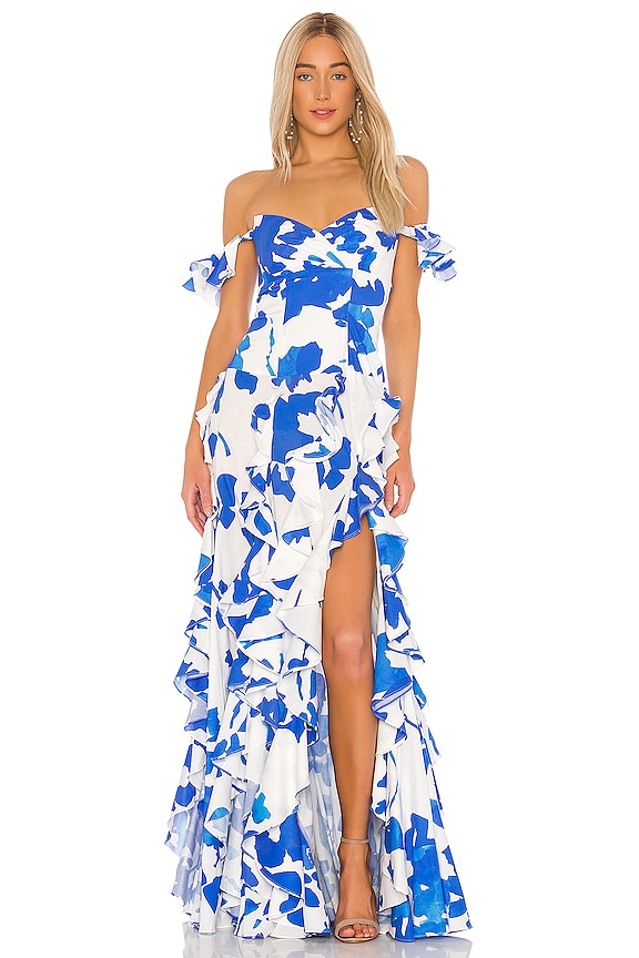 CAROLINE CONSTAS Ruffle Gown in Blue | REVOLVE