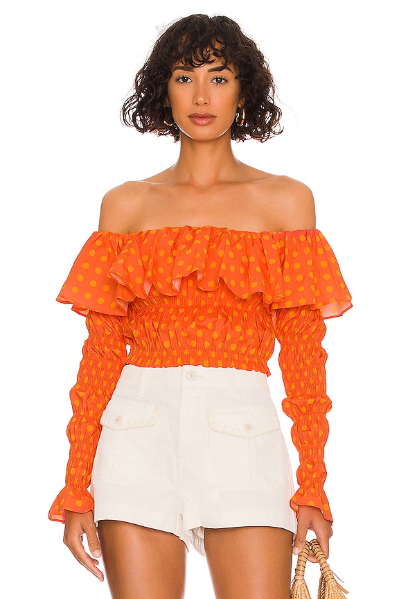 CAROLINE CONSTAS Lydia Top in Salmon & Orange Polka Dot | REVOLVE