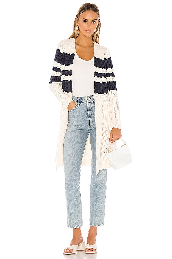 Chaser Thick Knit Hooded Duster in Cream & Navy Stripe | REVOLVE