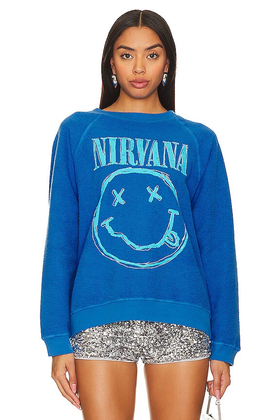 DAYDREAMER Nirvana Smiley Reverse Raglan Crew in Washed Cobalt | REVOLVE