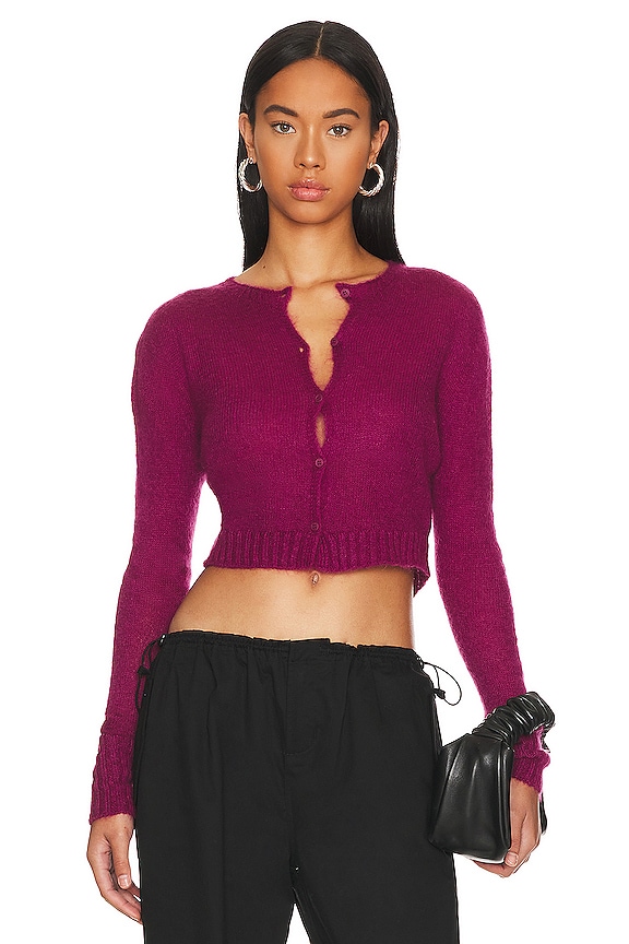 GUIZIO Mohair Ribbed Cardigan in Berry | REVOLVE