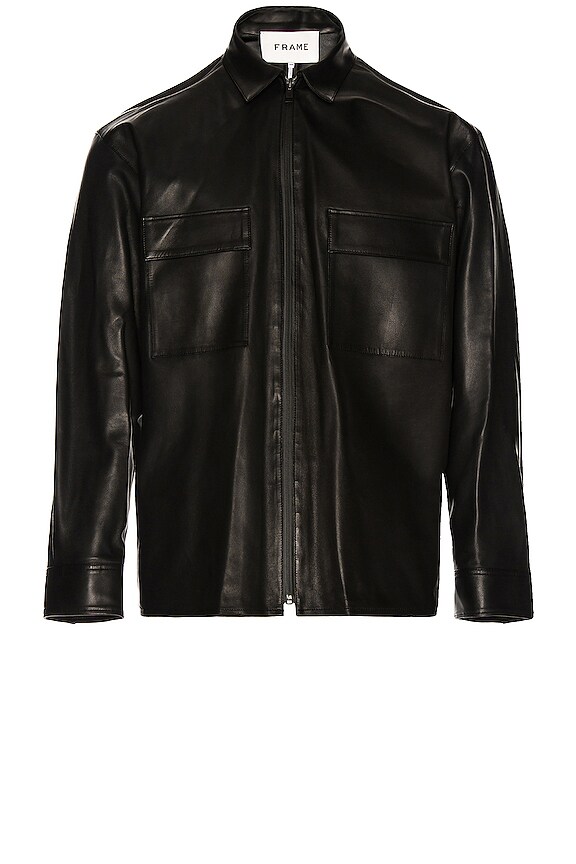 FRAME Bonded Leather Zip Up Shirt in Noir | REVOLVE